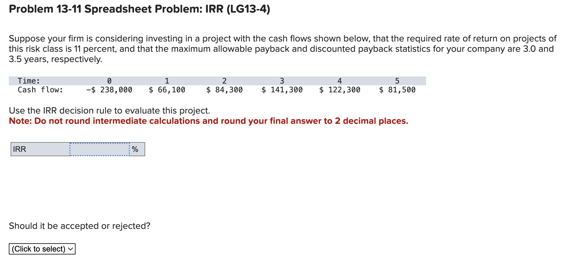 Solved Problem 13-11 ﻿Spreadsheet Problem: IRR | Chegg.com