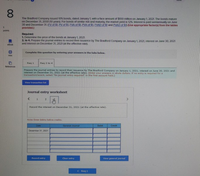 Solved 00 The Bradford Company issued 10% bonds, dated | Chegg.com