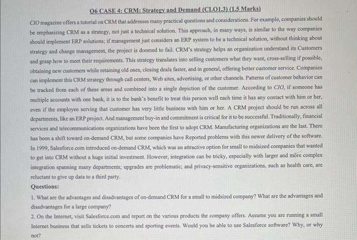 Solved CIO magazine offers a tutorial on CRM that addresses | Chegg.com