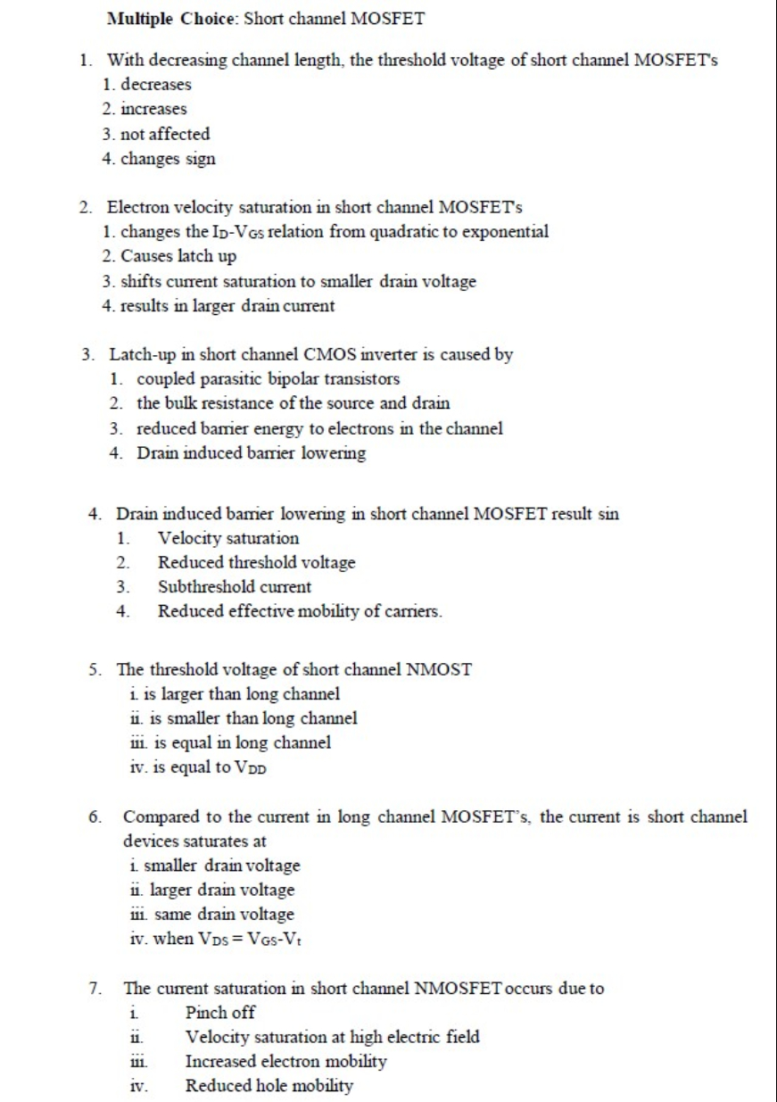 Solved Multiple Choice: Short channel MOSFETWith decreasing | Chegg.com