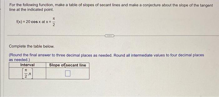 Solved For the following function, make a table of slopes of | Chegg.com