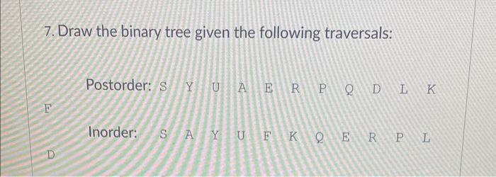 Solved 7. Draw the binary tree given the following | Chegg.com