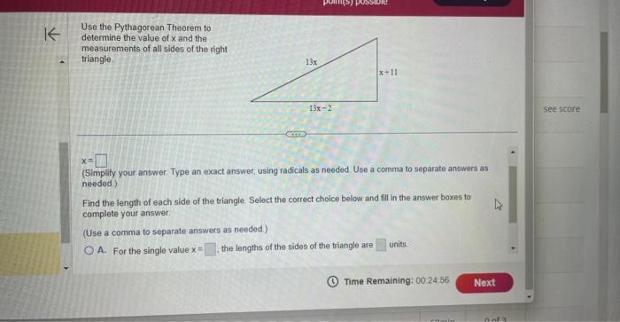 Solved Use the Pythagorean Theorem to determine the value of | Chegg.com