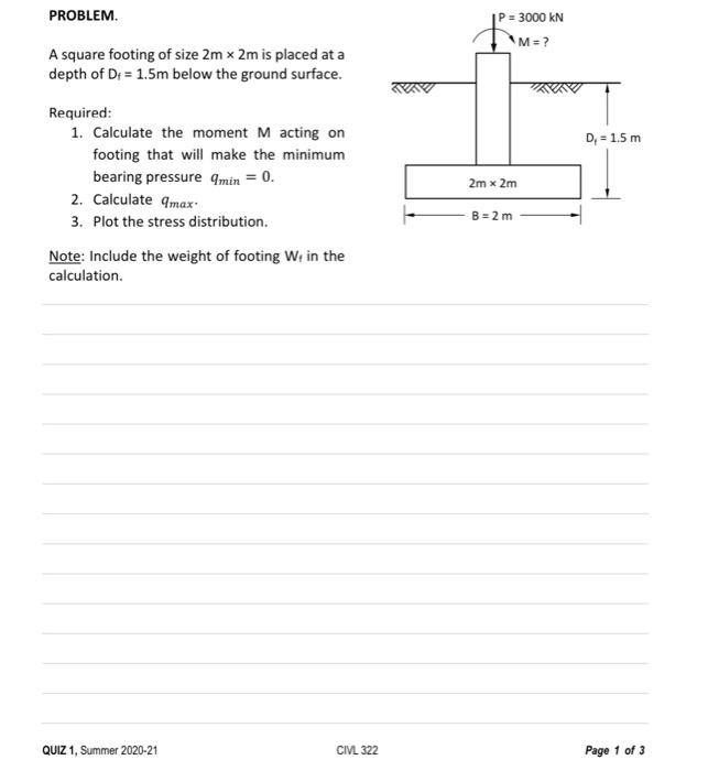 Solved PROBLEM. 3000 KN M=? A square footing of size 2m x 2m | Chegg.com