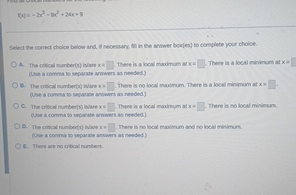 Solved f(x)=-2x3-9x2+24x+9Select the correct choice below | Chegg.com