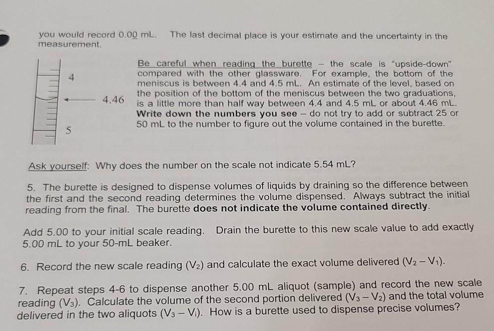 Solved Table 2: Reading and Using a Burette Scale reading | Chegg.com