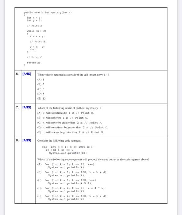 Solved APCS Exam Review #2 Name: Multiple Choice (Turn-in | Chegg.com