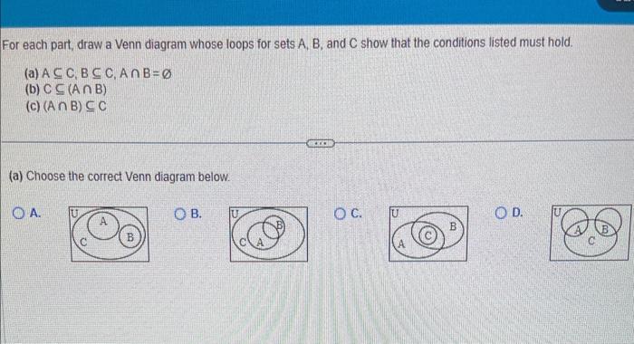 Solved For each part, draw a Venn diagram whose loops for | Chegg.com
