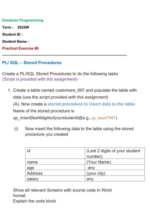 Solved Database Programming Term: 2022W Student ID : Student | Chegg.com