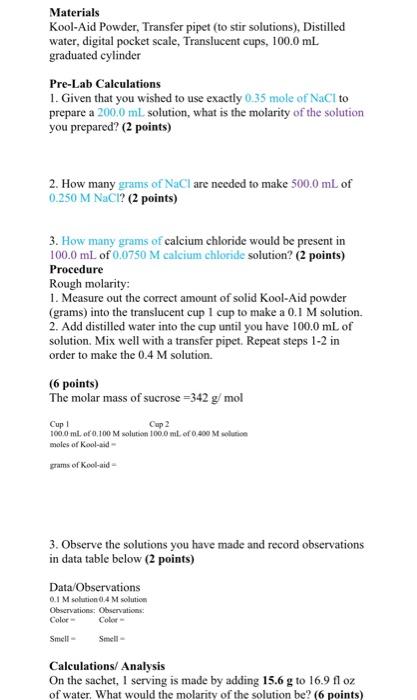 Solved Materials Kool-Aid Powder, Transfer pipet (to stir | Chegg.com