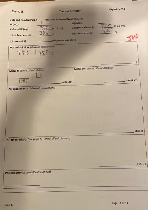 Solved Chem. 1E Thermochemistry Experiment 6 AT (from plot) | Chegg.com
