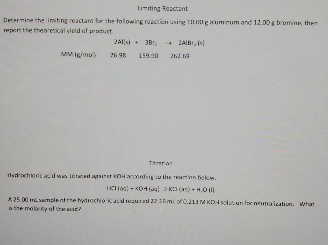 Solved Limiting Reactant Determine the limiting reactant for | Chegg.com