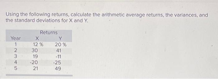 Solved Using the following returns, calculate the arithmetic | Chegg.com