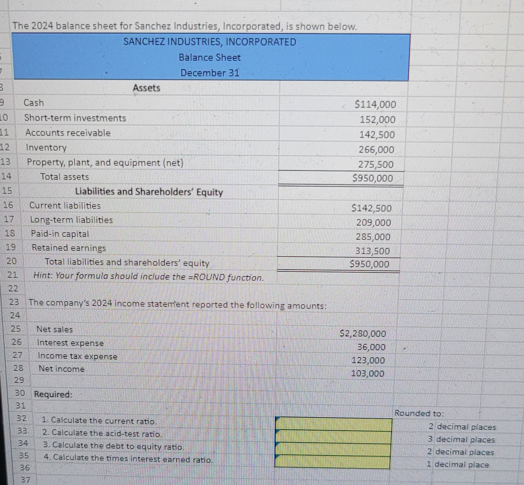 Solved The 2024 ﻿balance sheet for Sanchez Industries, | Chegg.com