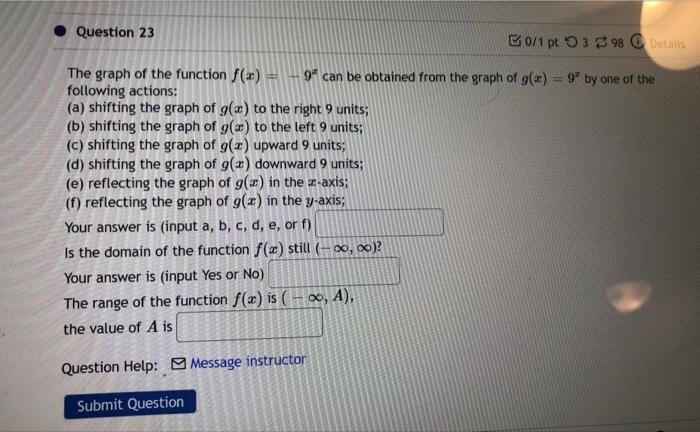 Solved The graph of the function f(x)=−1−9x can be obtained | Chegg.com