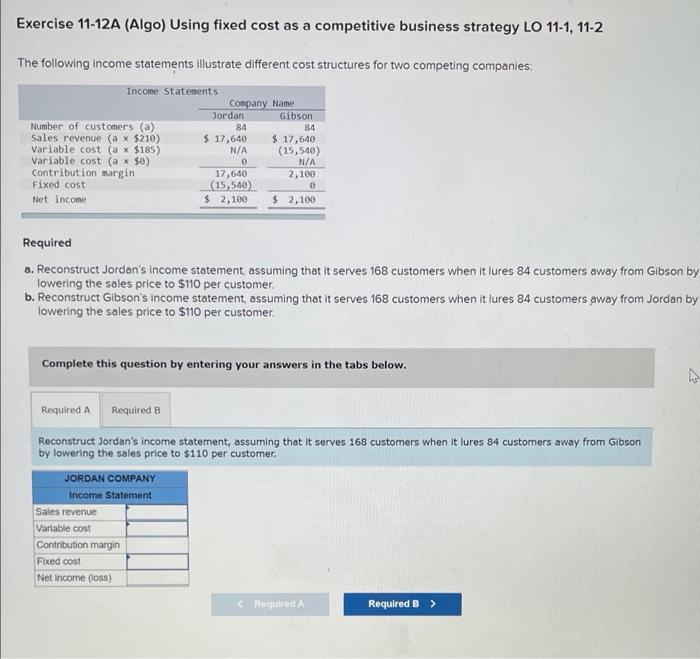 Solved Exercise 11-12A (Algo) Using fixed cost as a | Chegg.com