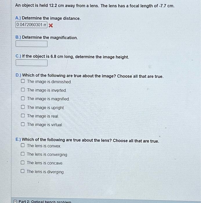 Solved A.) Determine the image distance. B.) Determine the | Chegg.com