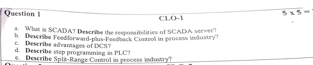 Solved Question 1 ﻿CLO-1 5×5=a. ﻿What is SCADA? Describe the | Chegg.com