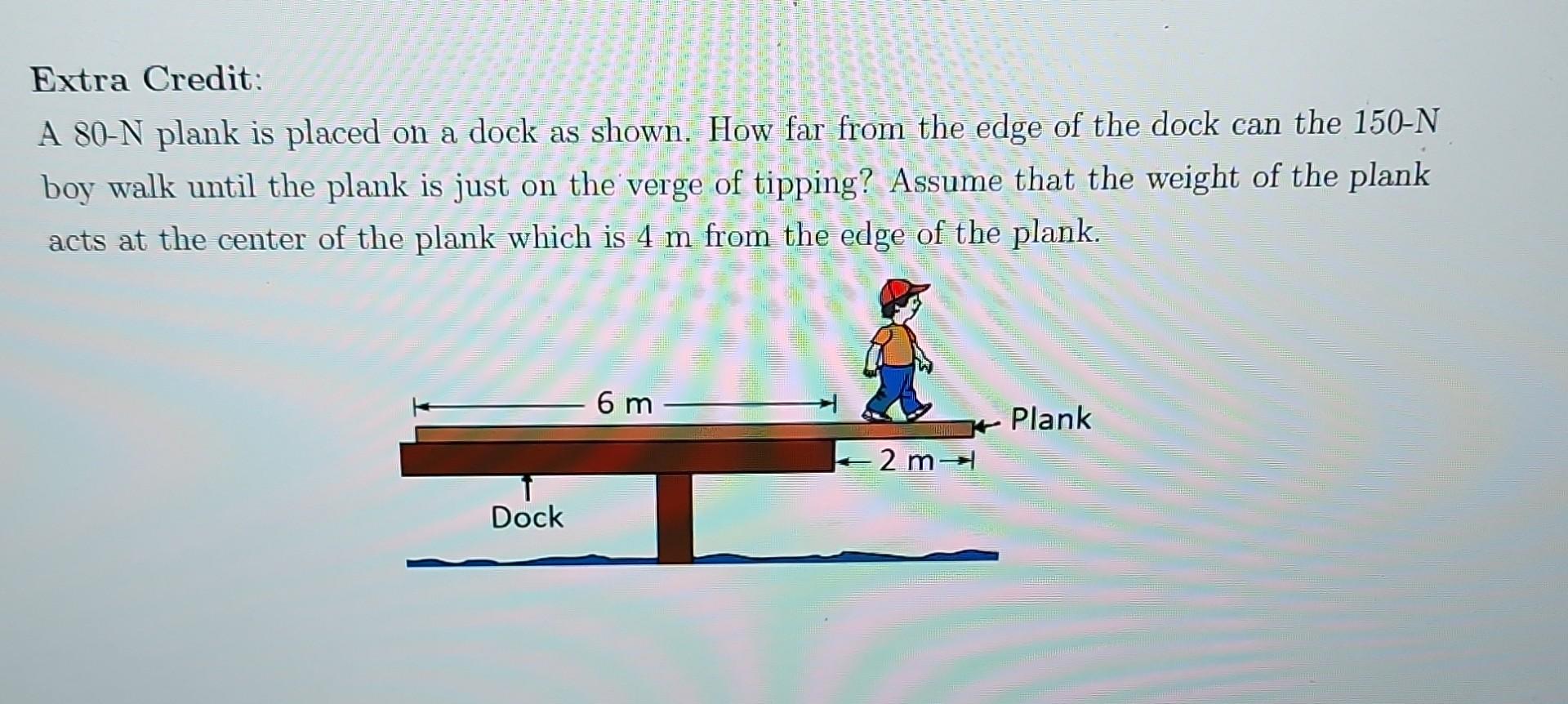 Solved Extra Credit: A 80−N plank is placed on a dock as | Chegg.com