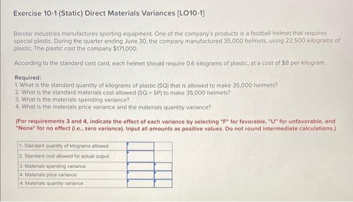 Solved Exercise 10-1 (Static) Direct Materials Variances | Chegg.com