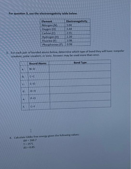 Solved For question 3 , use the electronegativity table | Chegg.com