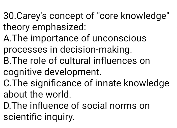 Solved Psychology: 30.Carey's concept of "core knowledge" | Chegg.com