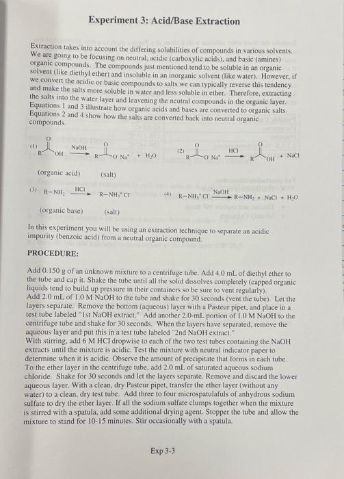 Solved Experiment 3: Acid/Base Extraction Extraction takes | Chegg.com