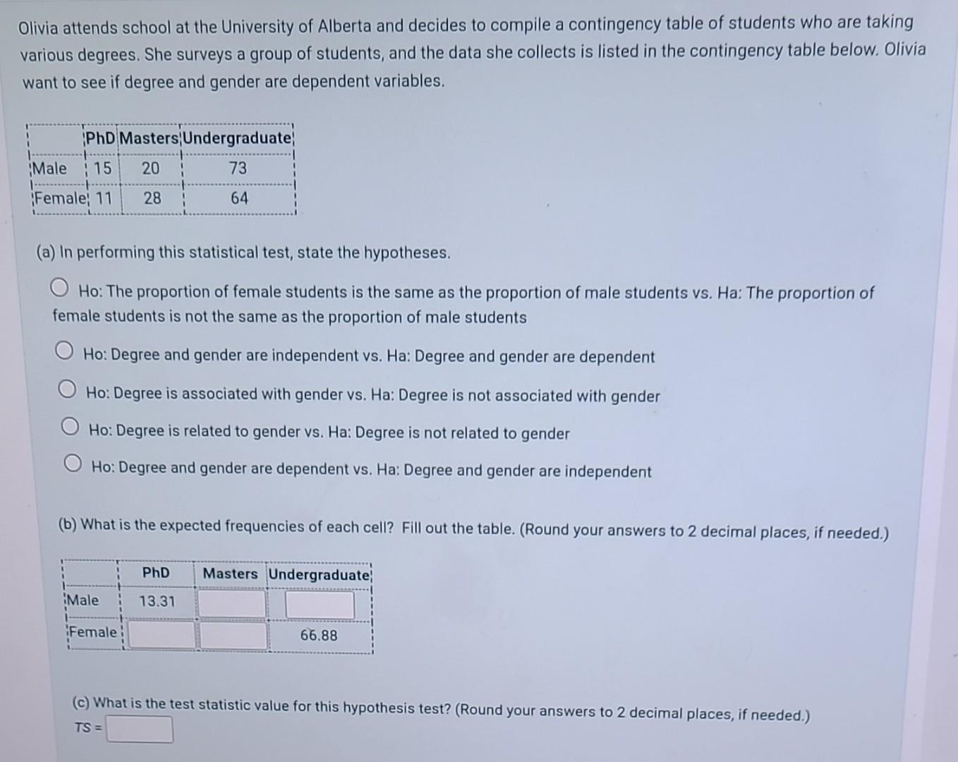 Solved Random samples of 48 male students and 56 female | Chegg.com