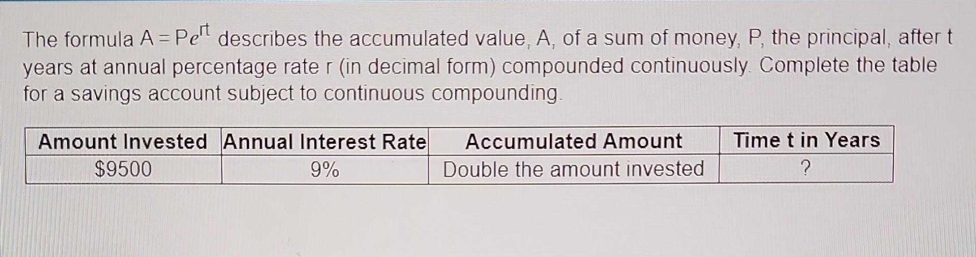 Solved The formula A=Peit describes the accumulated value, | Chegg.com