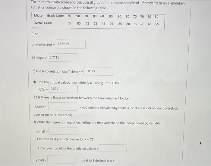 Solved The midterm exam score and the overall grade for a | Chegg.com