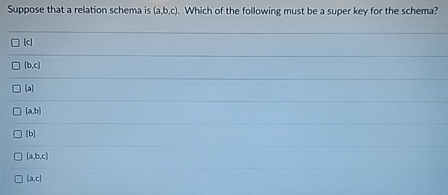 Solved Suppose that a relation schema is (a,b,c). ﻿Which of | Chegg.com