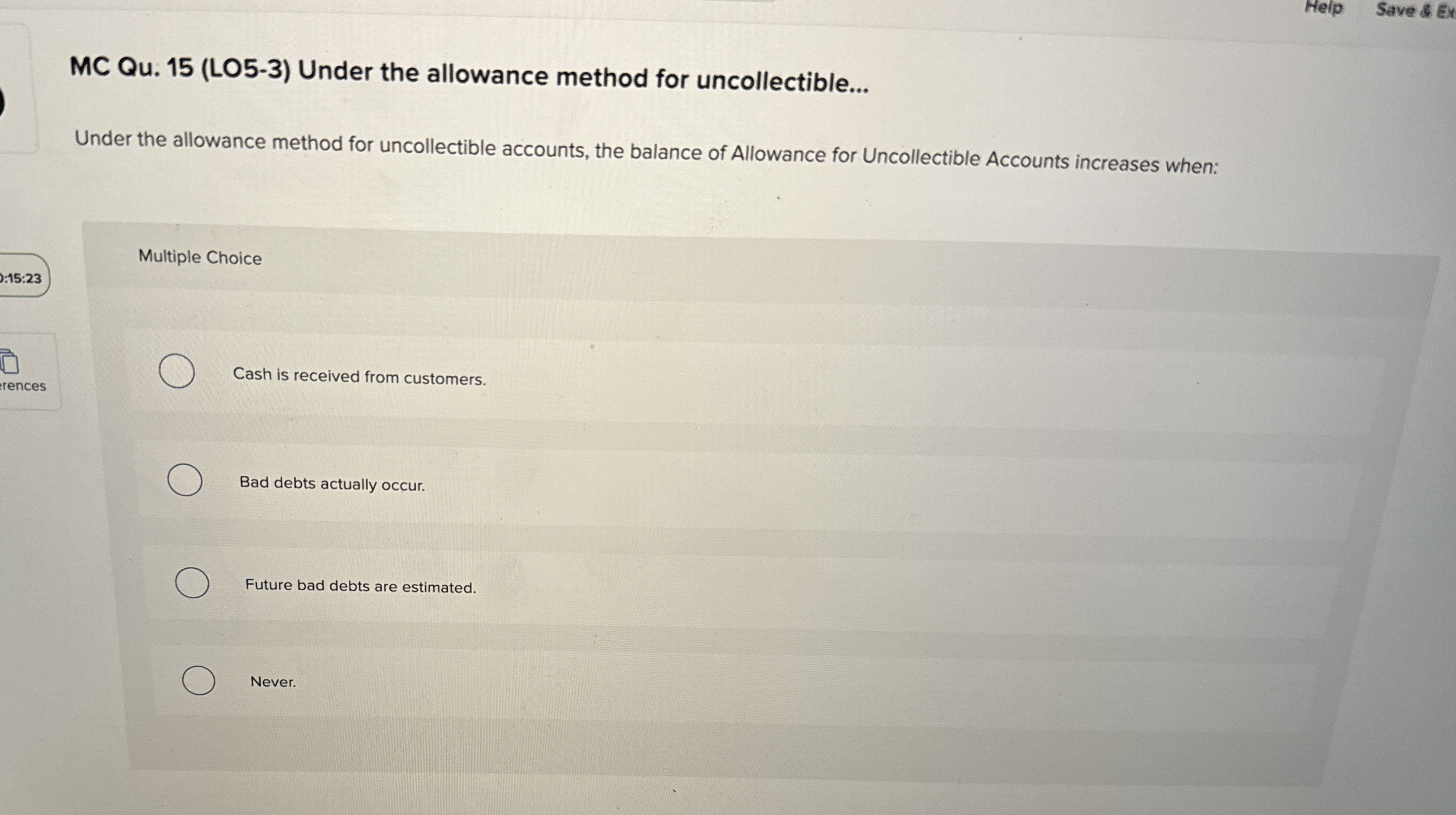 Solved HelpSave & ExMC Qu. 15 (LO5-3) ﻿Under the allowance | Chegg.com