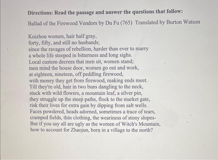 Directions: Read the passage and answer the questions | Chegg.com