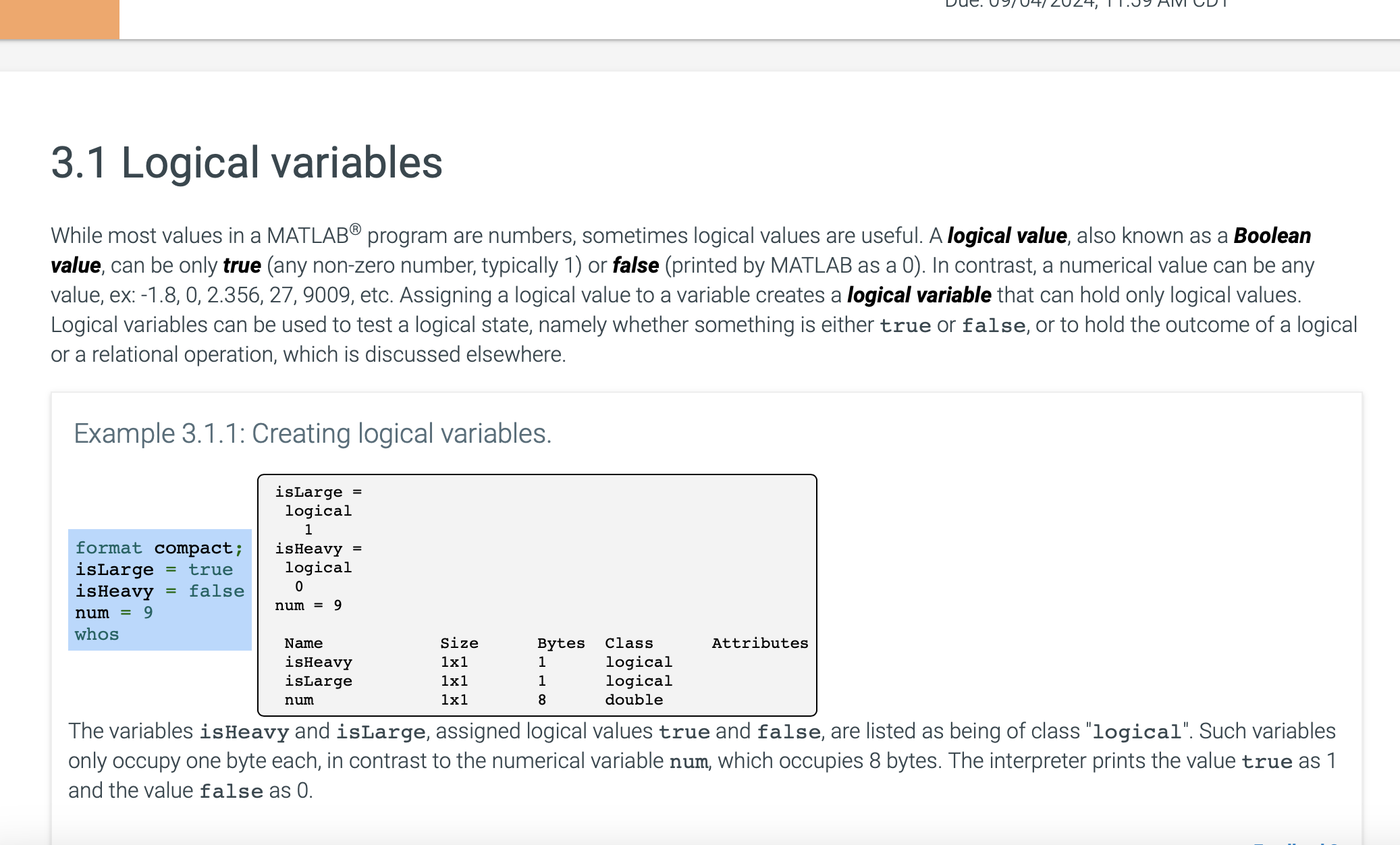 Solved 3.1 ﻿Logical variablesWhile most values in a MATLAB | Chegg.com