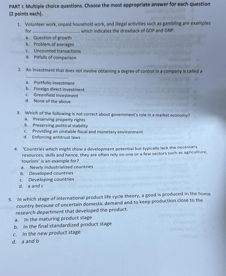 Solved PART I: Multiple choice questions. Choose the most | Chegg.com