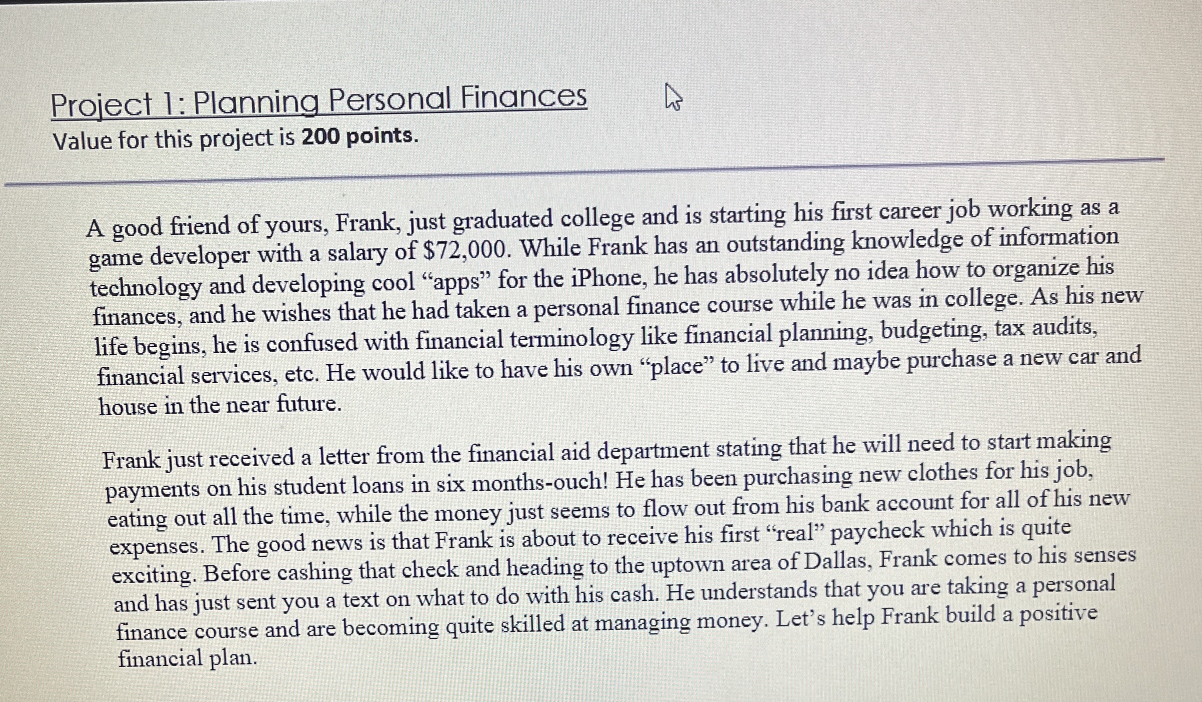 Solved Project 1: Planning Personal FinancesValue for this | Chegg.com