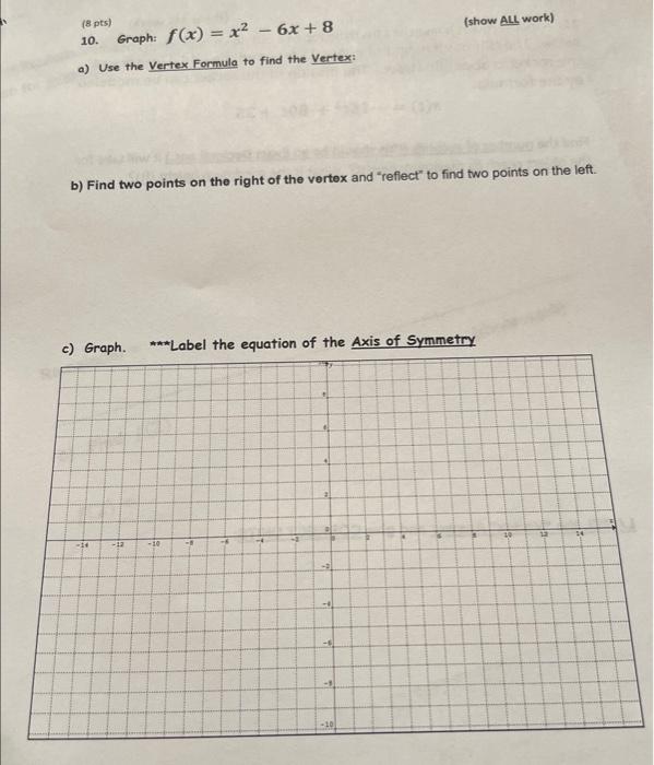 Solved (8 pts) 10. Graph: f(x)=x2−6x+8 (show ALL work) a) | Chegg.com