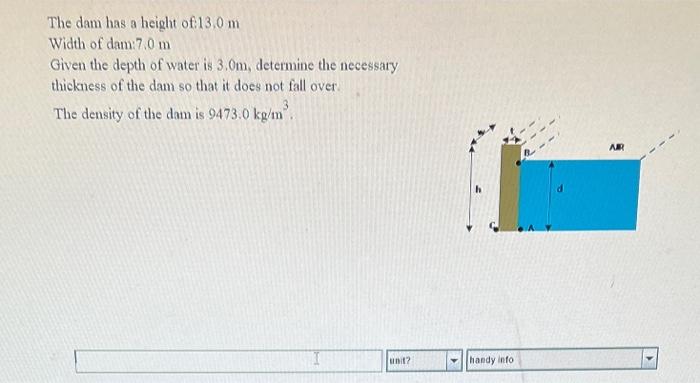 Solved The dam has a height of: 13.0 m Width of dam: 7.0 m | Chegg.com