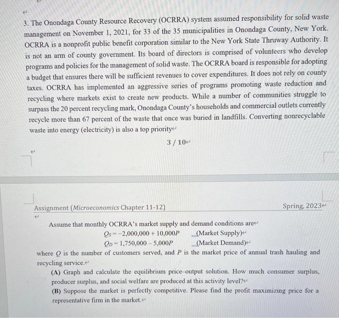 Solved 3. The Onondaga County Resource Recovery (OCRRA) | Chegg.com