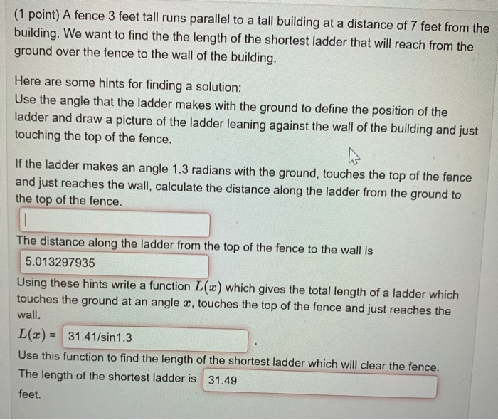 Solved (1 point) A fence 3 feet tall runs parallel to a tall | Chegg.com
