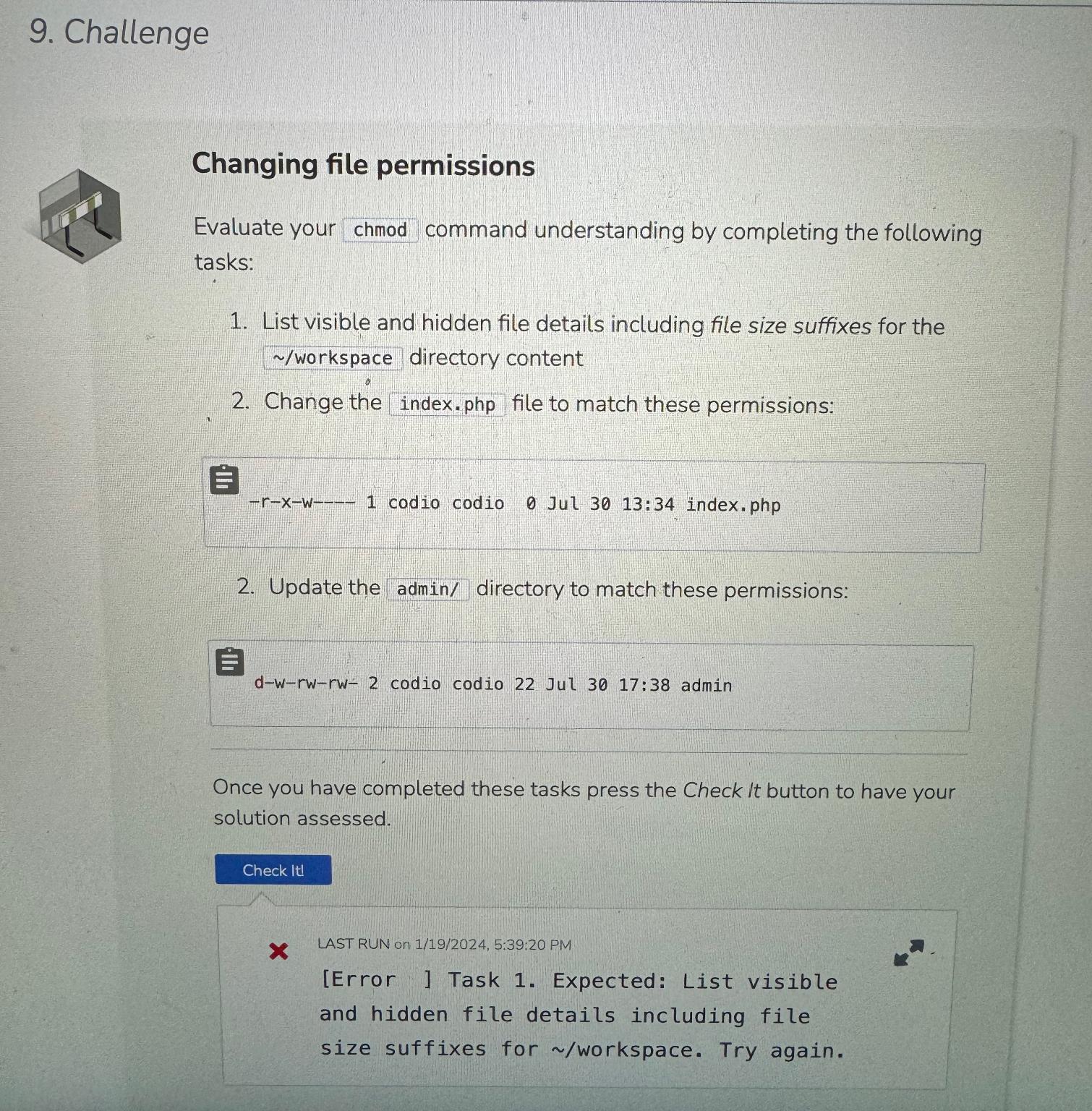 Solved ChallengeChanging file permissionsEvaluate your chmod | Chegg.com