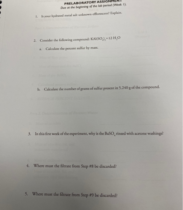 Solved PRELABORATORY ASSIGNMENT Due at the beginning of the | Chegg.com