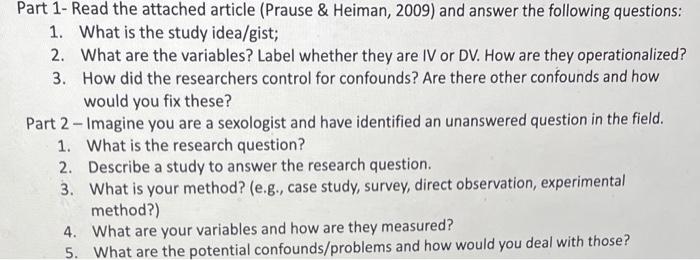 Solved Part 1- Read the attached article (Prause \& Heiman, | Chegg.com
