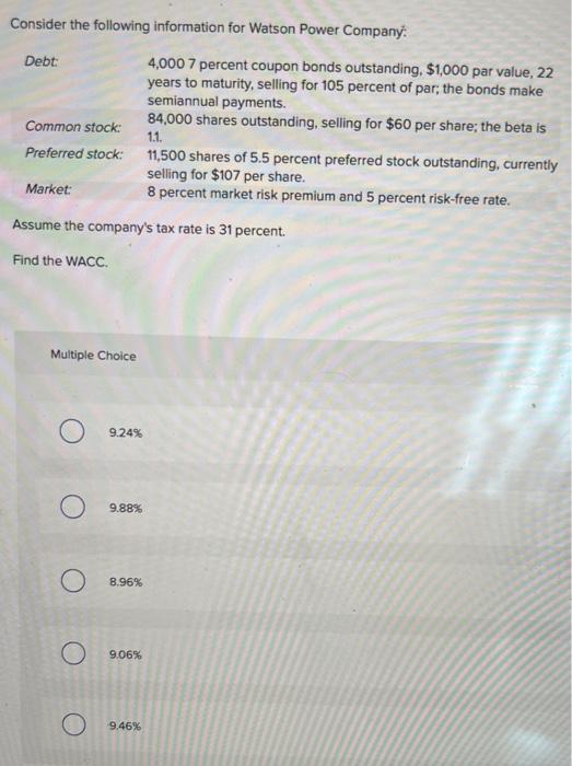 Solved Consider the following information for Watson Power | Chegg.com