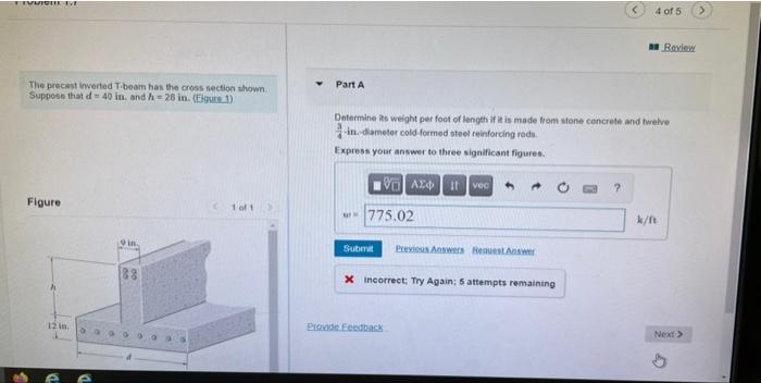 Solved 4 of 5 2 2 Review Part A The precast Inverted T.beam | Chegg.com
