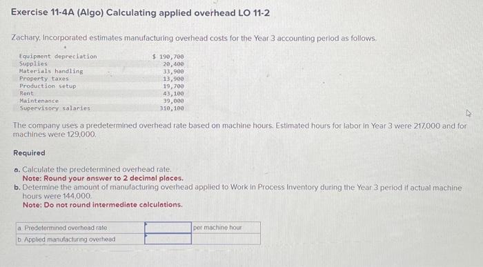 Solved Exercise 11-4A (Algo) Calculating applied overhead LO | Chegg.com