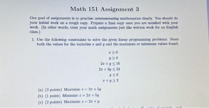 Solved Math 151 Assignment 3 One goal of assignments is to | Chegg.com
