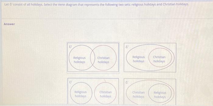 Let U consist of all holidays Select the Venn diagram | Chegg.com