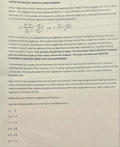Solved LINEAR REGRESSION ANALYSIS USING POINTERSLinear | Chegg.com