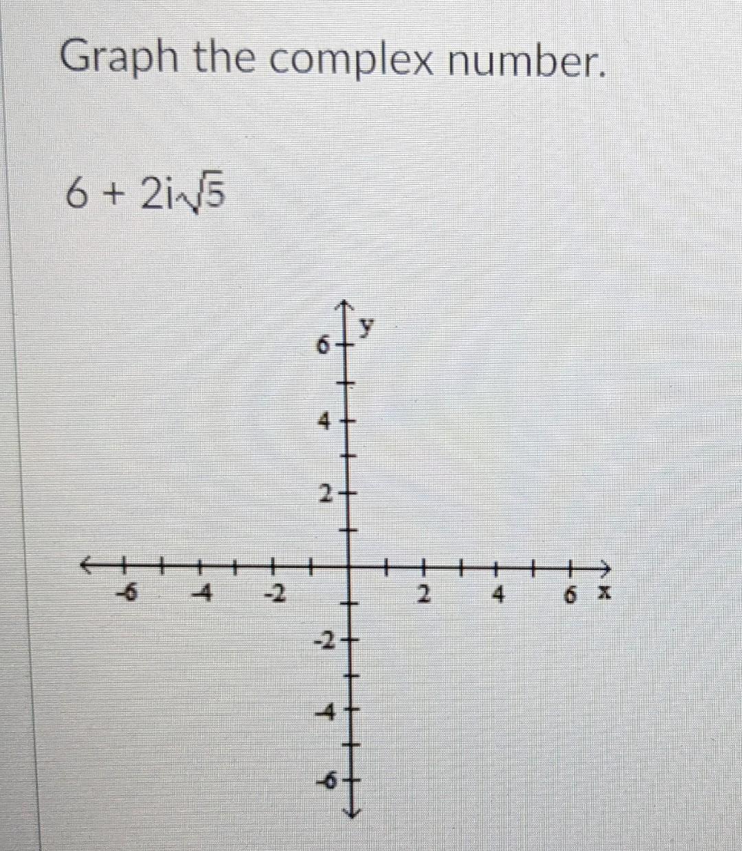 Solved Graph the complex number. 6+2i5 | Chegg.com